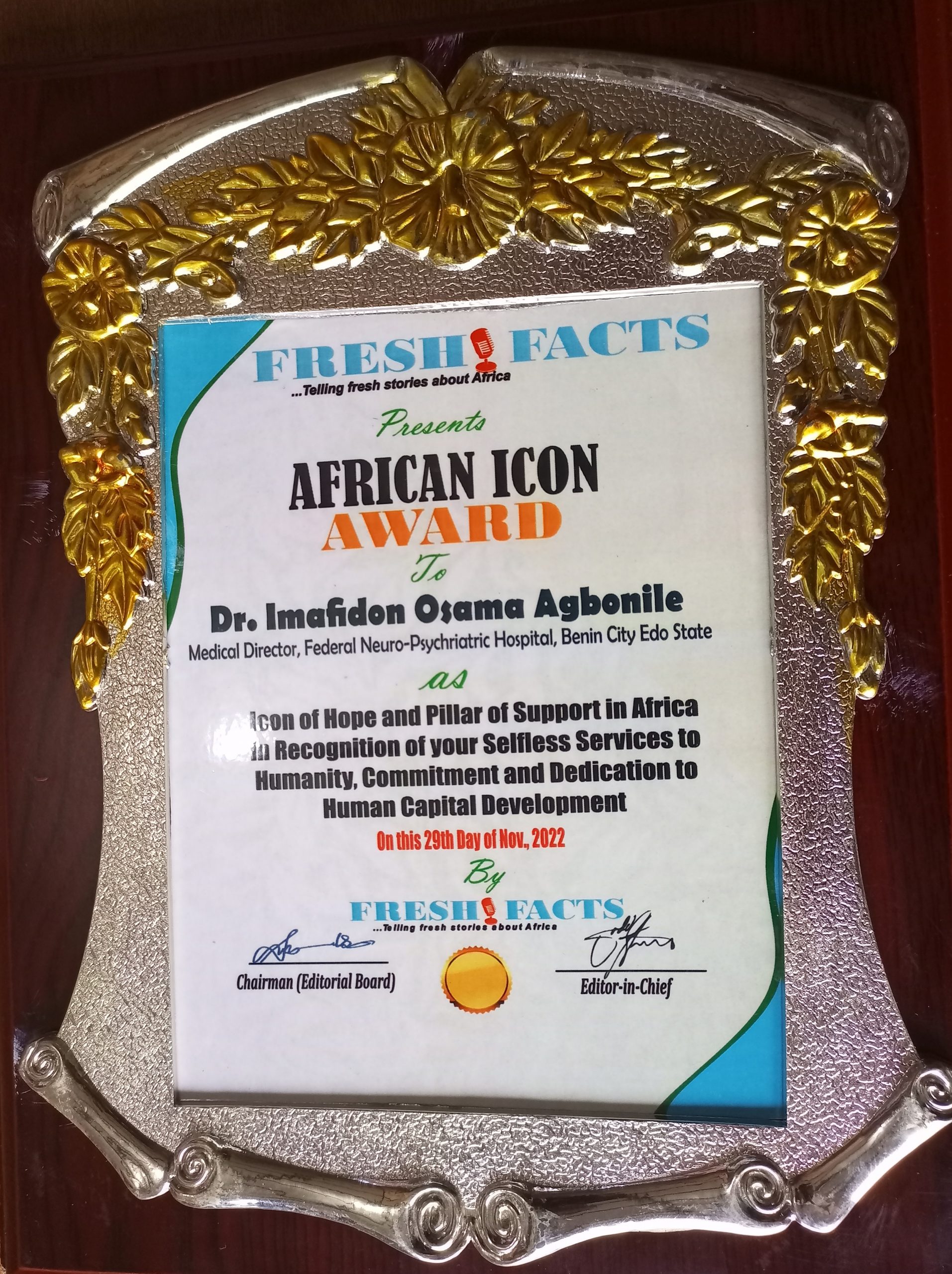 Dr. Imafidon O. Agbonile, Medical Director of FNPH Benin Bags Award of ...